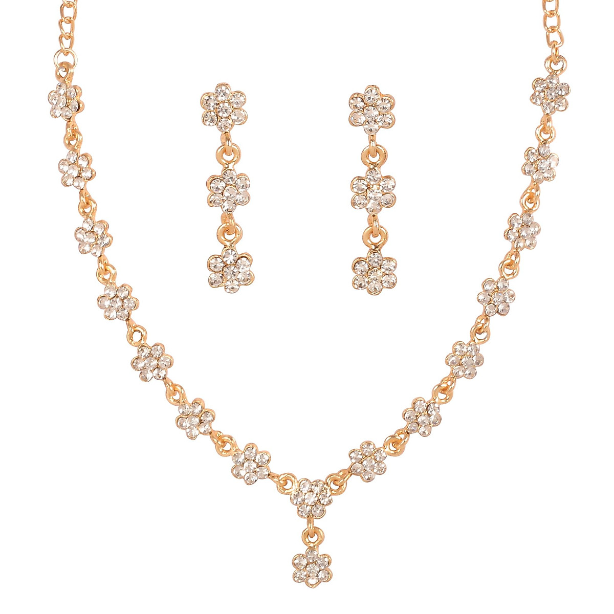 Sunsoul By Touchstone Indian Bollywood Handcrafted Traditional Floral Pattern White Rhinestone Designer Jewelry Necklace Set In Gold Tone For Women.