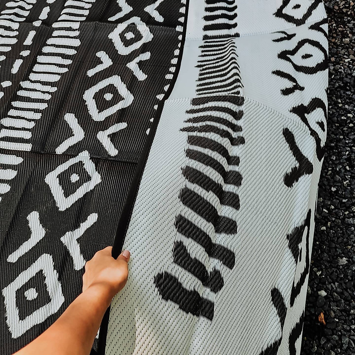 Glamplife Recycled Plastic Rug, 9x12 Rv mat, Black and White Camping Rugs for Outside Your RV, Large Indoor Outdoor Rugs for Awnings, Patio Rug, Outdoor Carpet Waterproof