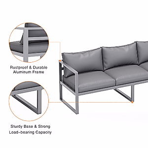 Esplorilo Outdoor Aluminum Metal Patio Furniture Set, 4 Piece Patio Conversation Sectional Sofa Sets with 5 Inch Thick Cushion & Coffee Table, Outdoor Couch Furniture for Patio,Backyard,Grey