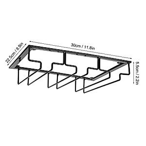 Wine Glass Rack Under Cabinet Stemware Wine Glass Holder Glasses Storage Hanger Metal Organizer for Bar Kitchen Cabinet (3 Slots Length 30cm Width 22.5cm Black)