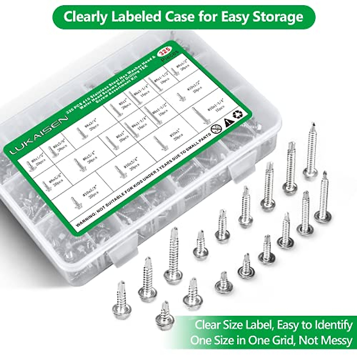 325Pcs Self Drilling Screws Assortment Kit, 410 Stainless Steel Self Tapping Sheet Metal TEK Screws for Metal, Truss & Hex Washer Head #8#10-1/2",5/8",3/4",1",1-1/4",1-1/2"