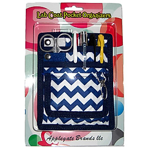 6 Piece Protective Lab Coat Pocket Organizer Kit has Fashionable Blue Chevron Pattern. 6 Pockets Packed With Needed Accessories
