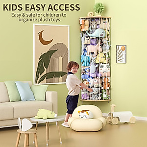 Eniffbaa Stuffed Animal Storage for Plushie Toys - Large Wood Corner Hanging Pet Storage with Sky Pattern, Length Adjustable Toy Organizer Shelf for Nursery Play Room Bedroom Kid Room