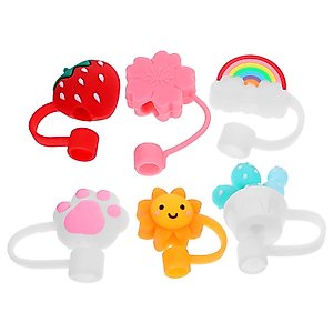 SOLUSTRE 6pcs Straw Cap Sun Straw Tips Cover Drinking Straw Tips Lid Reusable Straw Tips Lids Cartoon Straw Plugs Straw Covers Cap Straw Tip Caps Decorate Glass Girl