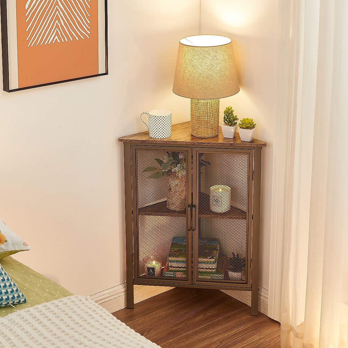 VECELO 3 Tier Corner Cabinet Shelf, Floor Standing Storage Organizer Shelves with Grid Doors for Small Space, Living Room, Bedroom, Kitchen, Balcony, Grey