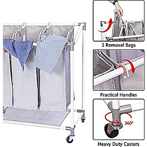 Laundry Basket with Wheels, Laundry Hamper 3 Section Removable Hampers for Laundry Organization and Storage, Metal Frame Cart with 90lbs Capacity, Mesh Sided Foldable Bags, No-Screw Simple Assembled