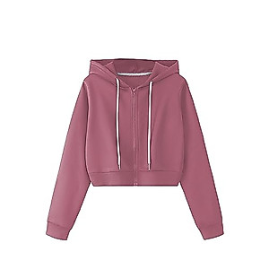SweatyRocks Women's Long Sleeve Drawstring Full Zip Hooded Jacket Crop Sweatshirt Watermelon Pink M