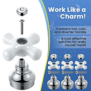 Enhon 3 Pcs Porcelain Handle Set, Compatible with Price Pfister Shower Valve, Hot Cold and Diverter Handle, Fits 12 Point Broach Stem, Chrome Finish White Porcelain(Cross Arm)