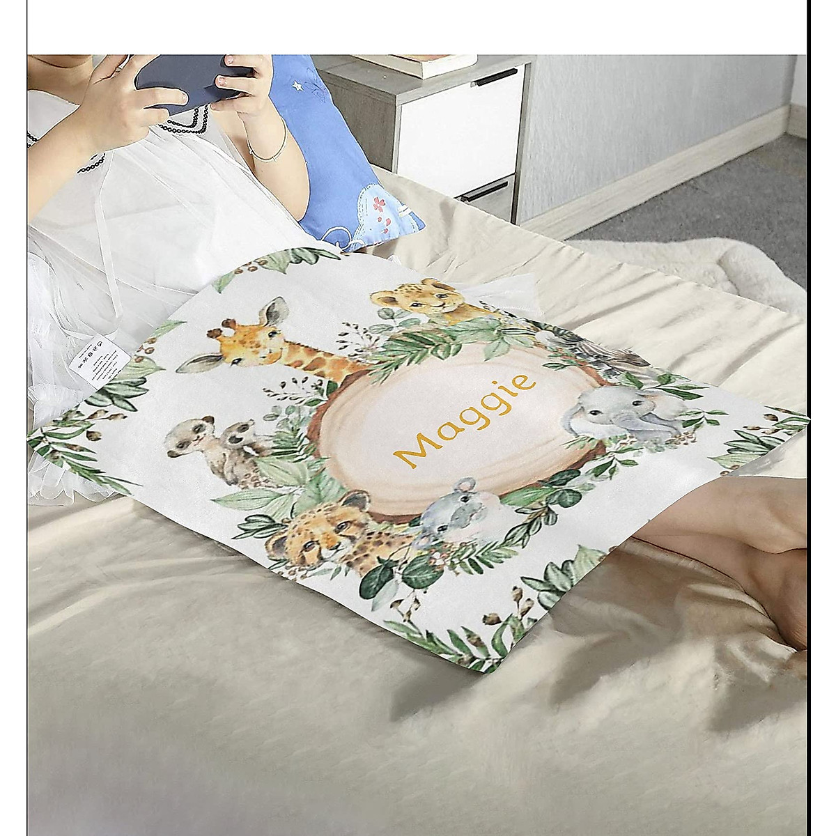XOZOTY Personalized Tropical Jungle Wild Animals Baby Blanket with Name for Girls Boys Custom Nursery Kids Blankets for Baby Shower Birthday Gifts Customized Soft Fleece Throw Tapestry 30 x 40 inch