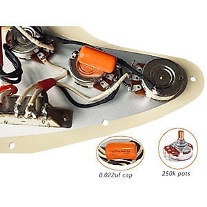 LAMSAM Prewired 6 String Electric Guitar Pickguard Loaded Modern Tone Single Coil Pickups, Pick Guards Wired Alnico 5 SSS Pickup Set Volume Tone Pots 5-way Switch, Backplate Included, Cream