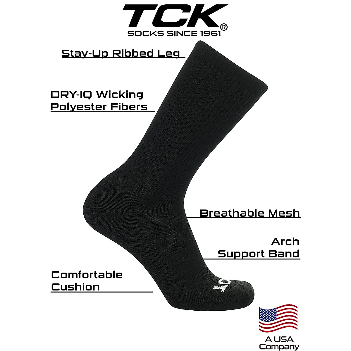 TCK 6 Pair Work & Athletic Crew Socks (Black, X-Large)