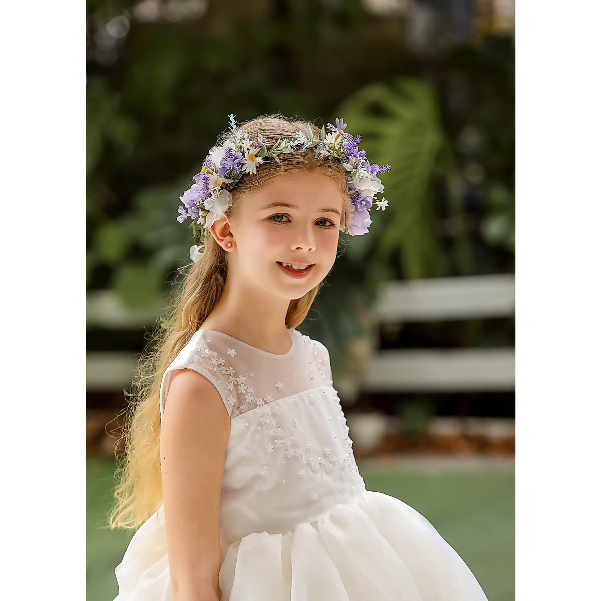 DreamLily Boho Wedding Floral Crown Woodland Fairy Crown Flower Girl rose Crown Hair Wreath with Tail DFS28 (Lavender)