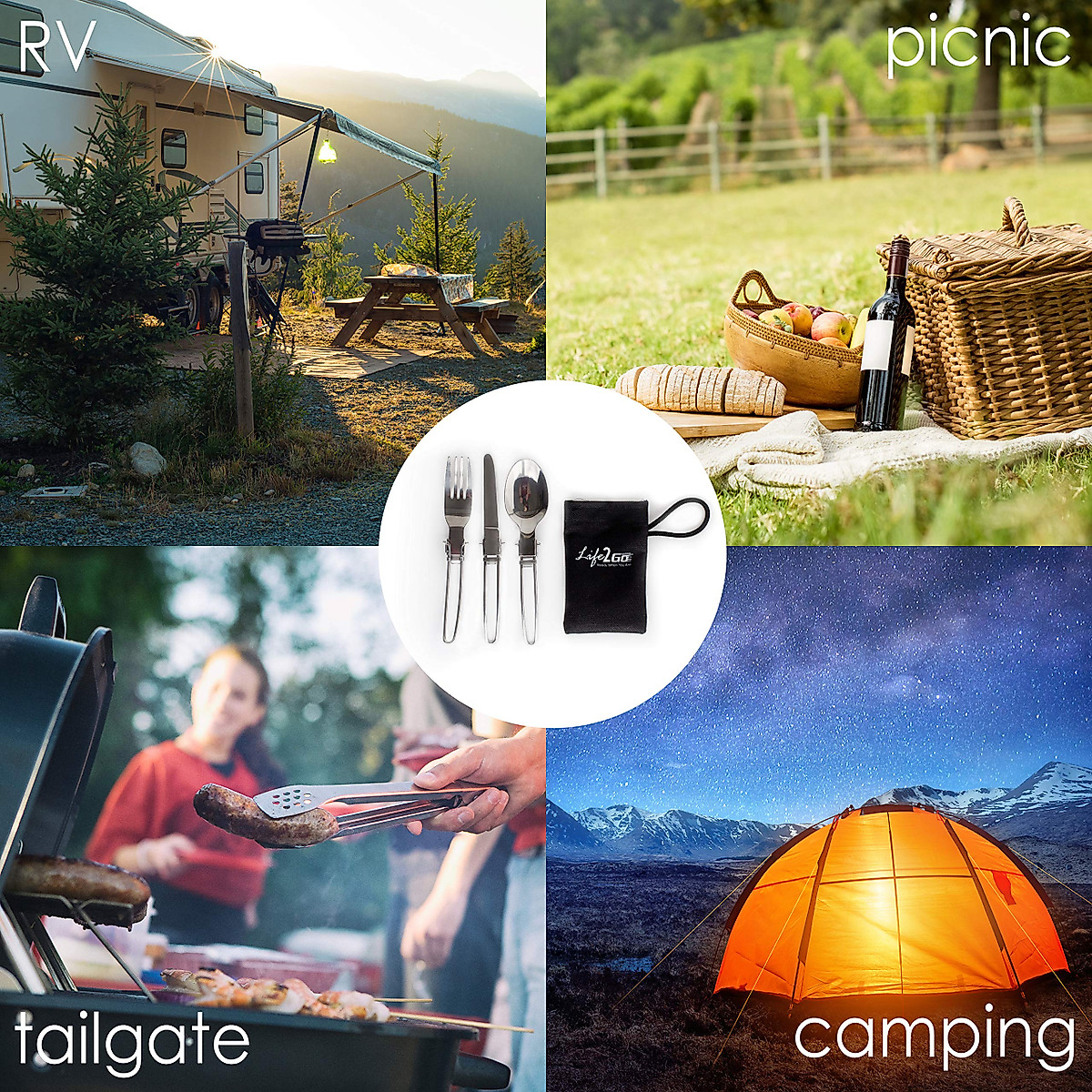 Life 2 Go 3 Pcs Camp Cooking Utensil Set & Outdoor Kitchen Gear Cookware Kit, Portable Compact Carry Case for Camping, Hiking, Travel, BBQ GrillinG Stainless Steel Accessories Spoon & Fork, Black