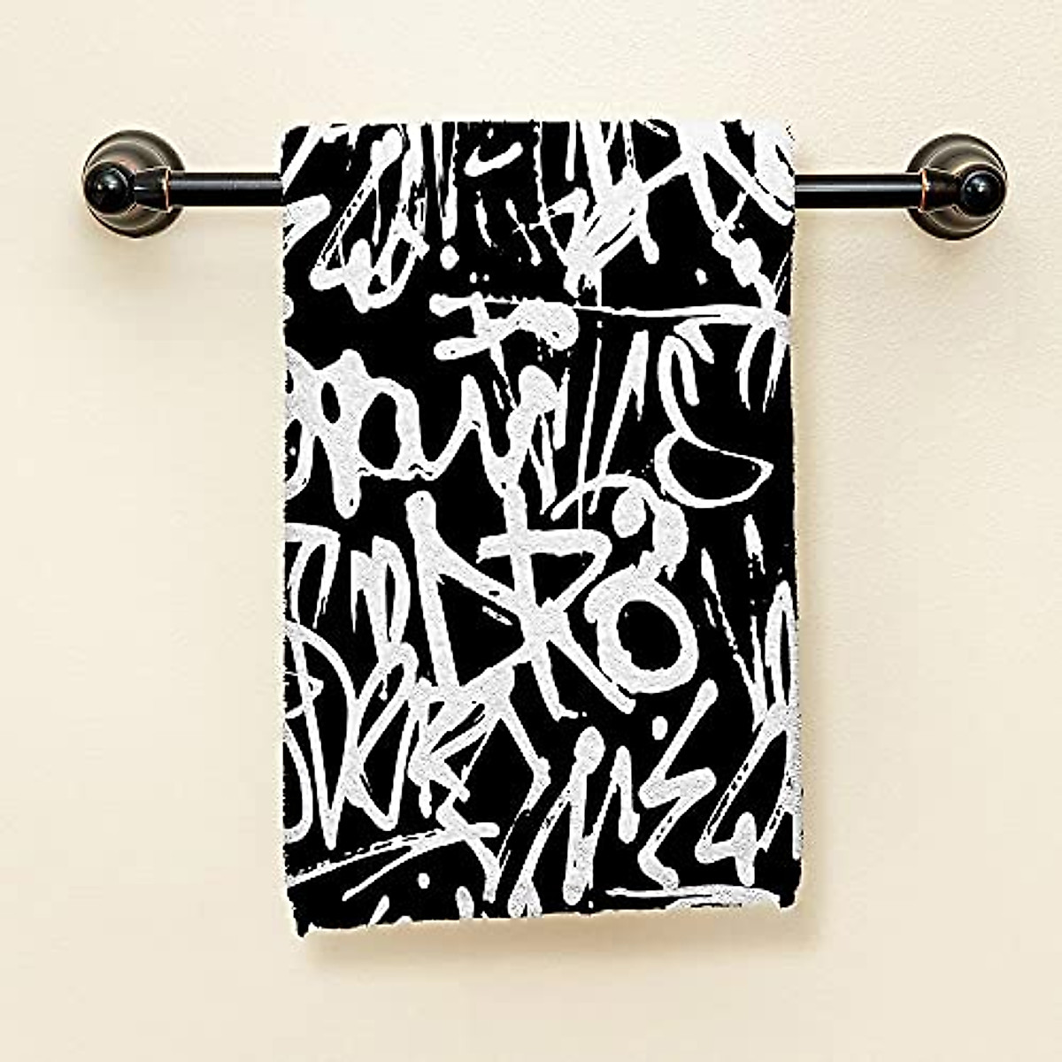 Swono Black White Hand Towel Cotton Washcloths,Graffiti with Abstract Tags Letters Comfortable Soft Towels for Bathroom Spa Gym Yoga Beach Kitchen,Hand Towel 15x30 Inch