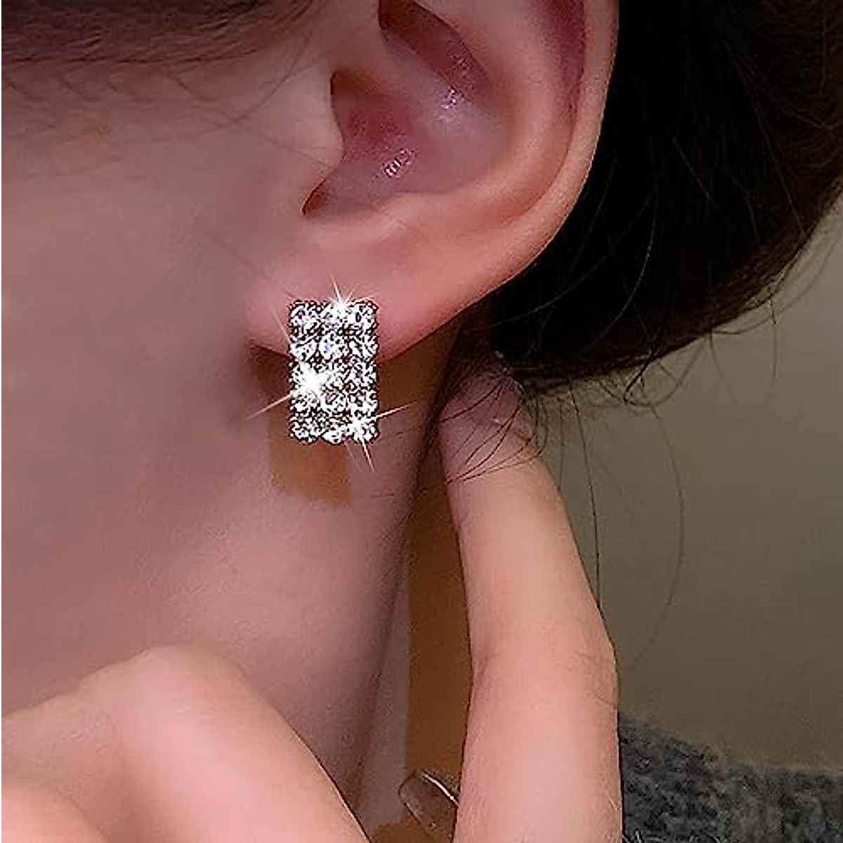 Sttiafay Vintage Rhinestone Square Earrings Square Crystal Earrings Silver Geometry Square Stud Earrings Sparkly Cz Bridal Earrings Jewelry for Women and Girls