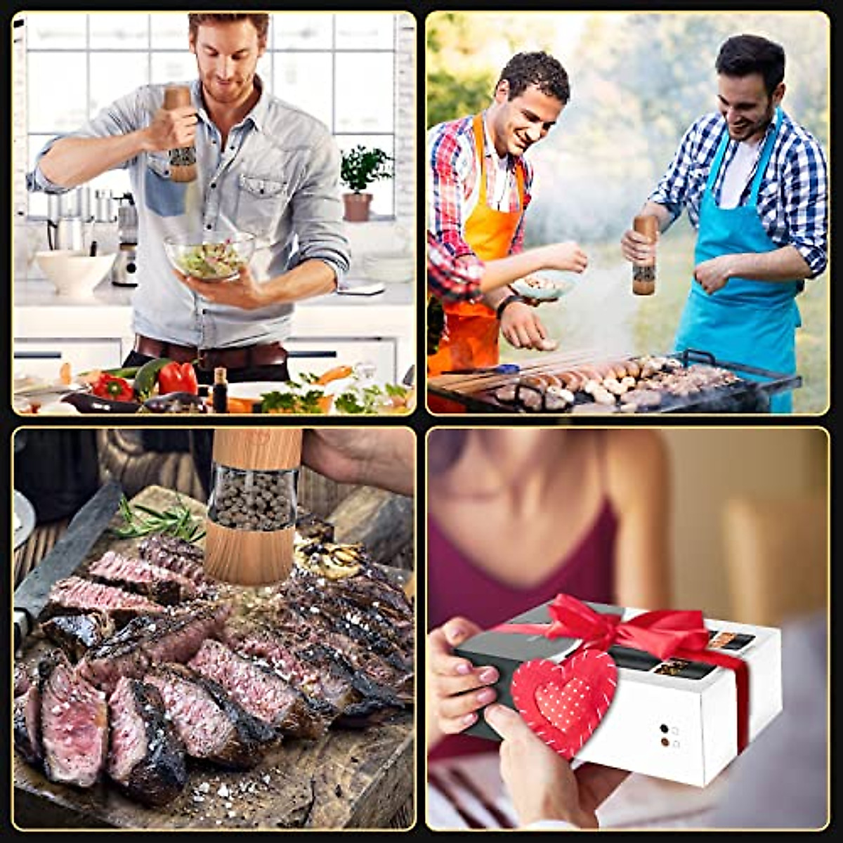 Electric Salt and Pepper Grinder Set USB Rechargeable - USB Type-C Cable, LED Lights, Automatic Electric Pepper Salt Grinder Mill Refillable, Adjustable Coarseness Shakers, One Hand Operation