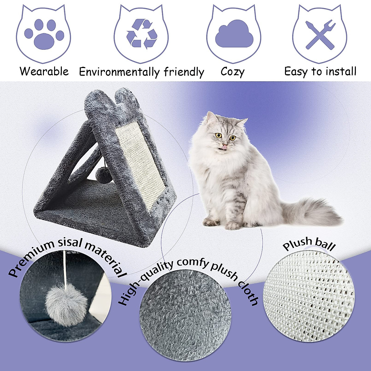 Fhiny Triangle Cat Scratching Post, Natural Sisal Cat Standing Scratch Board with Hanging Plush Ball Toy Pet Cave Nest Indoor Cats Pads Activity Center for Keeping Away from Furniture