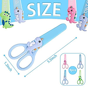 LOVESTOWN Kids Scissors, 4PCS Dinosaur Safety Scissors Stainless Steel Scissors Preschool Training Scissors with Sleeves for DIY Crafts Paper Cut