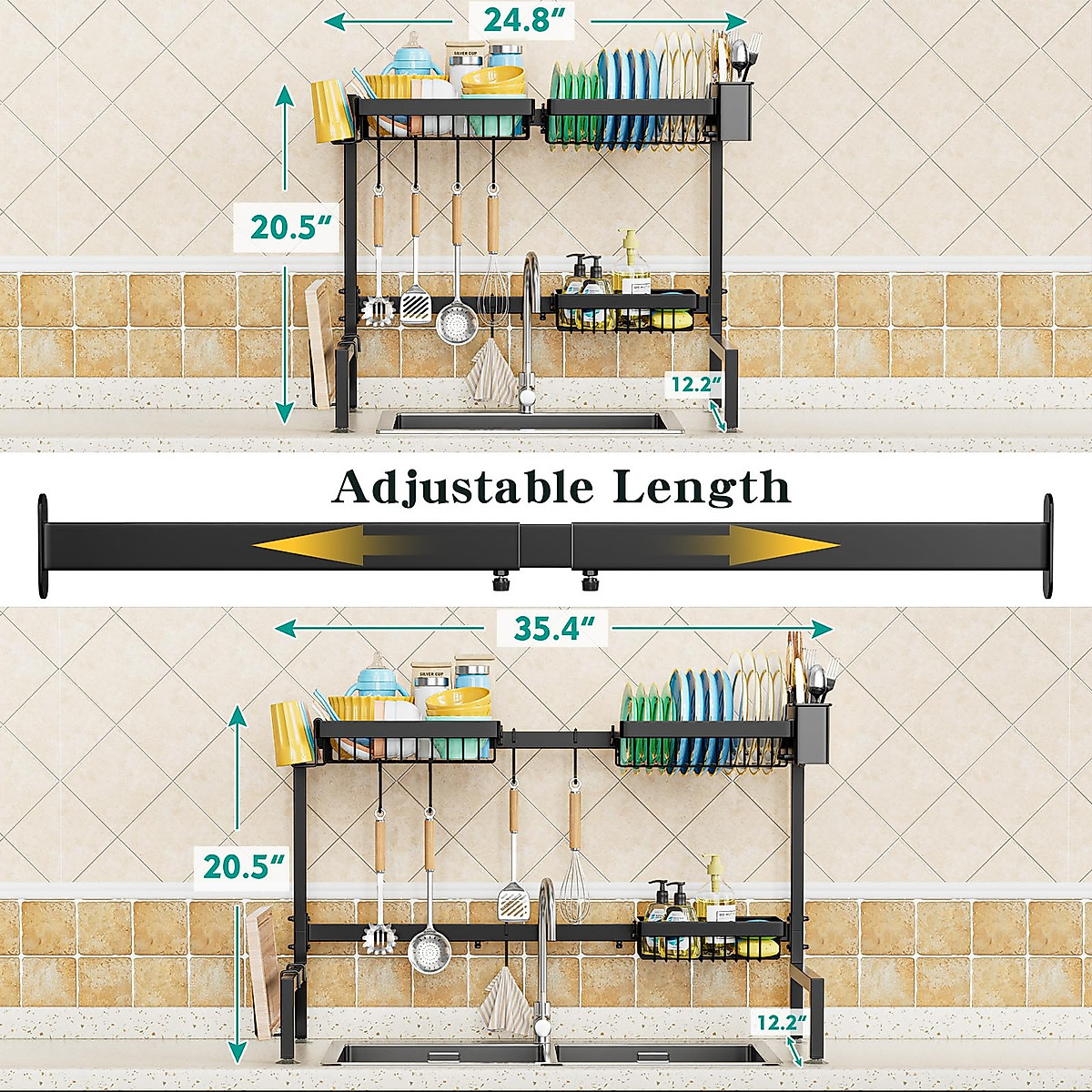 YKLSLH 2 Tiers of Retractable Large Over The Sink Dish Drying Rack with 3 Baskets, for All Sinks (22.8"-39.4"),Adjustable Large Capacity Sink Rack, Iron Drain Rack to Save Space（2 Tiers-3 Baskets）