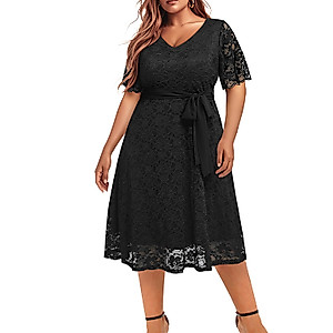 Plus Size Dresses Wedding Guest Cocktail Little Black Women Semi Formal Party Graduation Summer Lace Funeral V Neck Midi