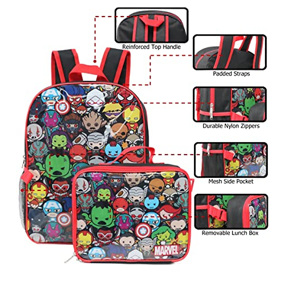 16'' Full Size Marvel Avengers Kawaii Backpack Lunchbox Set Bookbag School Set Black/Red