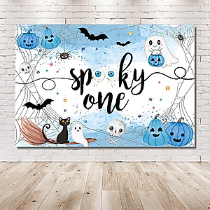 MEHOFOND 7x5ft Halloween Spooky One Backdrop Blue Watercolor Little Boo Baby Shower Photography Background for Boys Bat Spider Web Blue Pumpkin Skull Ghost Photo Shoot Props
