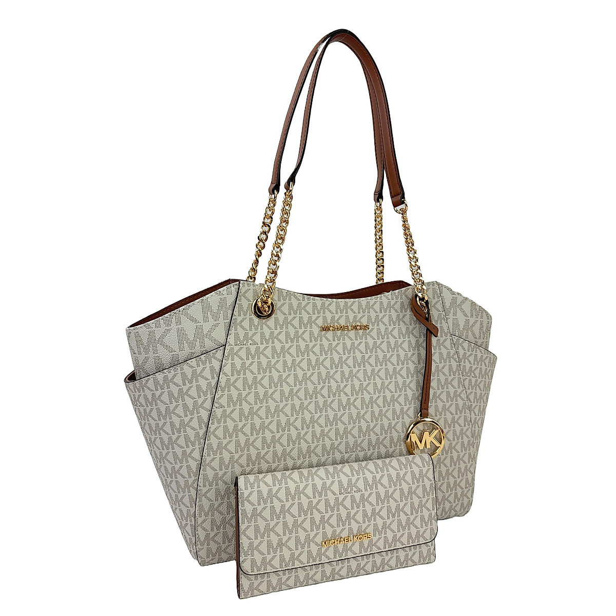 Michael Kors Jet Set Travel Large Chain Shoulder Tote bundled with Trifold Wallet (Vanilla)