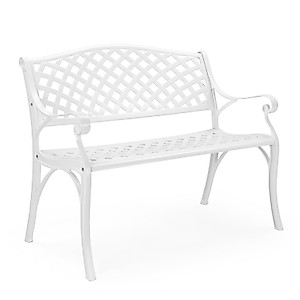 VINGLI 40.5" Outdoor Bench Patio Garden Bench, Anti- Rust Cast Aluminum Patio Bench Front Porch Bench for Yard Lawn Entryway Deck (White)