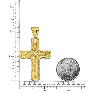 The Bling Factory Large 32mm x 45mm 14k Gold Plated Striated Textured Cross Pendant,