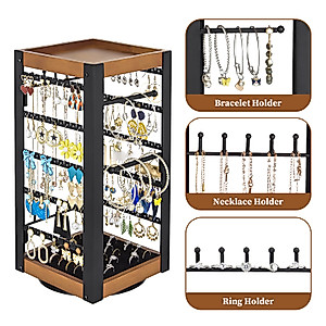 keomaisyto Rotating Earring Holder, Jewelry Holder Organizer with Ring Tray/Necklace/Bracelet Hooks, 360°Earring Organizer with Stable Bamboo Base for Jewelry Display (Patent Pending)