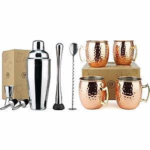 PG Bundle #17-6PC Cocktail Stainless Steel Shaker Set with Set of 4 Moscow Mule Hammered Cups