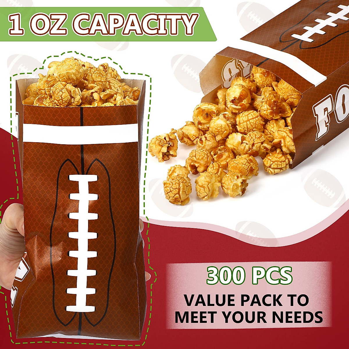 300 Pcs Football Popcorn Bags Football Candy Treat Bags Football Party Popcorn Boxes Football Popcorn Holder Football Paper Favor Bags for Football Theme Birthday Party Baby Shower Supplies