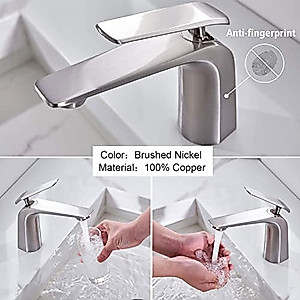 TOCALOCA 1 Handle Bathroom Faucet Brushed Nickel Sink Faucet, One Hole Bathroom Sink Faucet, Modern Basin Mixer Taps, Premium Copper Vanity Vessel Faucet with Water Supply Hose
