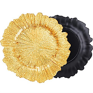 WUWEOT 12 Pack 13" Gold Charger Plates, Plate Chargers with Flora Reef Design, Plastic Round Ruffled Rim Dinner Charger Plates for Dinner Wedding Party Decoration