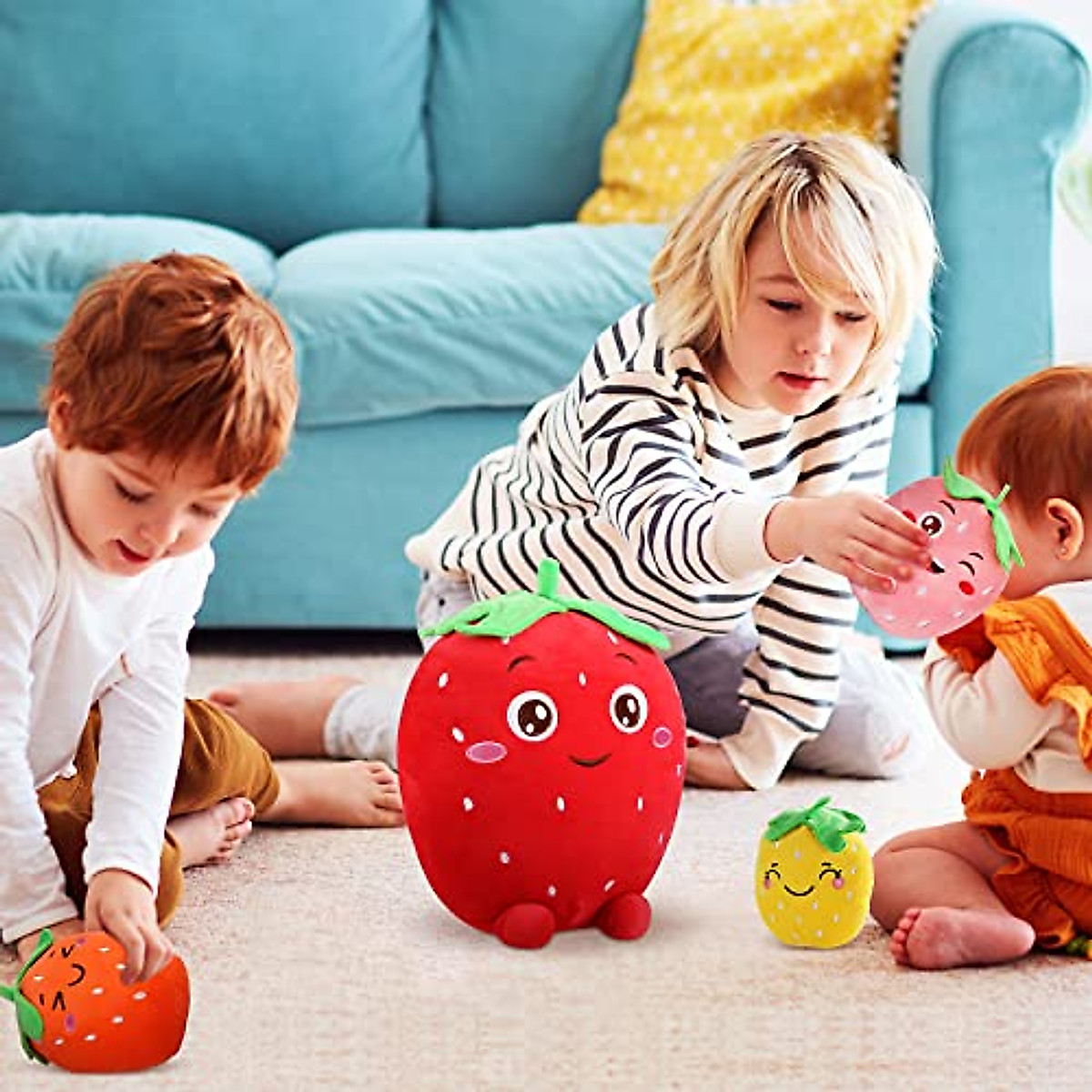 Queekay 4 Pieces Soft Strawberry or Pineapple Pillow Stuffed Toy Food Pillows Fruit Plush Pillow Kids' Plush Toy Pillows Fruit Hugging Cushion for Home Bedroom Office Supplies (Strawberry)