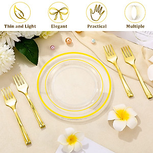 Eccliy 200 Pieces Gold Plastic Dessert Plate Sets 100 Clear Disposable Cake Plate 6 Inch and 100 Fork 5 Inch Gold Rim Round Salad Appetizer Plate Folk Set for Buffet Hotel Birthday Wedding Party