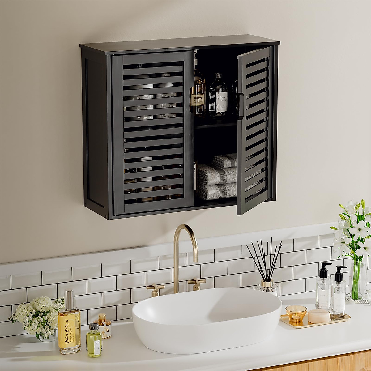 HITNET Black Bathroom Storage Cabinet, Hanging Medicine Cabinet with Adjustable Shelf, Bamboo Over The Toilet Wall Mounted Space Saver Organizer, Double Doors