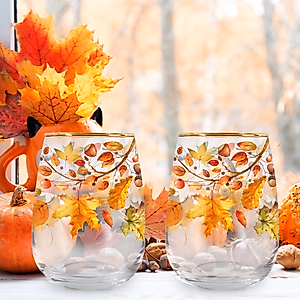 Whaline 2Pcs Fall Stemless Wine Glasses 17oz Maple Leaf Drinking Glasses with Gold Rim Autumn Leaves Tumbler Cups for Party Supplies Gifts