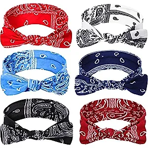 Blulu 6 Pieces Bandana Paisley Headbands Boho Bow Knot Headwrap Retro Flower Printed Elastic Rabbit Ear Hairband for Girls and Women 6 Colors