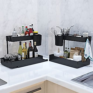 FUNXIM Under Sink Organizer, Under Sink Organizers And Storage, 2 Tier Slide Out Sink Shelf Cabinet Storage Shelves, Multi-Purpose Kitchen Bathroom Sink Organizer, With Organization And Storage Hooks