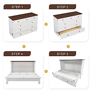 Merax Queen Murphy Bed with Storage & Charging Station, Farmhouse Solid Wood Murphy Cabinet with Foldable Panel, Noisy Free, for Guest Bedroom, Living Room, Office, White+Walnut