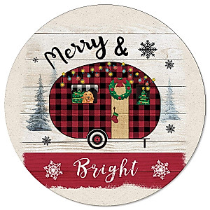 Round Area Rugs Collection 6', Merry Bright Christmas Red Camper Indoor Circular Throw Runner Rug Floor Mat Carpet for Living Room Dining Table Bedroom Nursery Decor Winter Snow Retro Farm Wood Board
