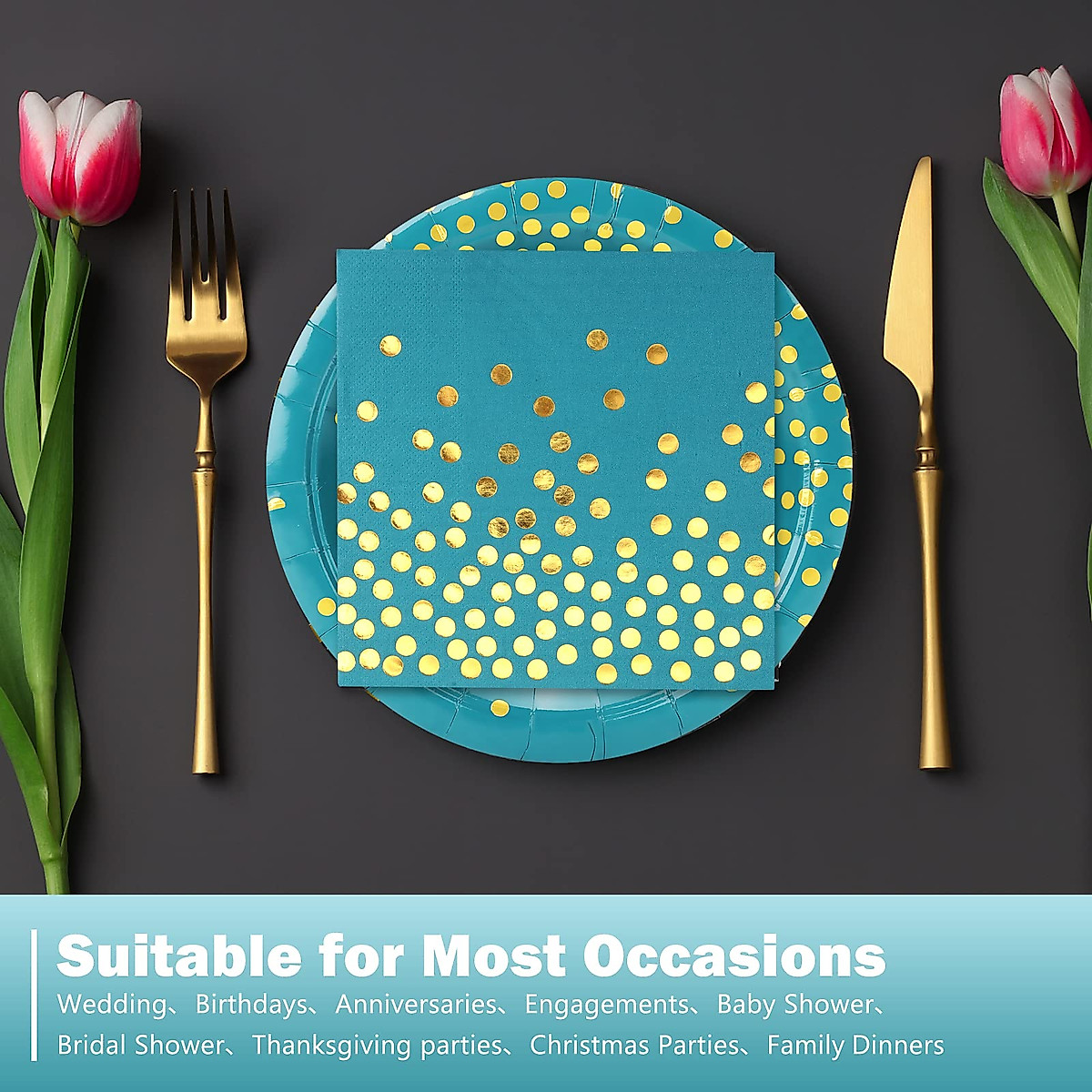 CENLBJ Blue Green Gold Paper Plates and Napkins - 25 x 7'' Dessert plates & 25 x 6.5'' Napkins,Green Paper Plates for Appetizers,Cakes,for Birthday,Father's Day,Independence(Serve 25)