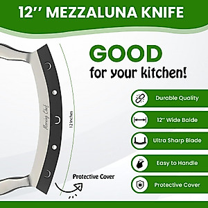Morning Chef 12" Stainless Steel Mezzaluna Knife | Pizza Cutter | Chopper Dicer Mincer | Curved Blade with Steel Handles | Mezzaluna Sheath Pizza Cutter Rocker, Rocker Knife Veggie Cutter