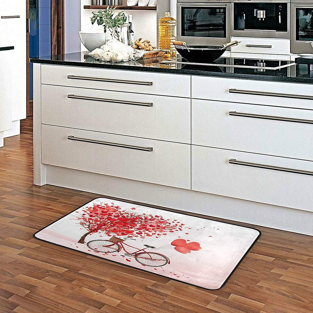 Kitchen Rugs Red Love Heart Bicycle Valentine's Day Design Non-Slip Soft Kitchen Mats Bath Rug Runner Doormats Carpet for Home Decor, 39" X 20"