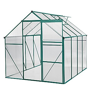 Outdoor Patio Greenhouse, Adjustable Roof Vent and Rain Gutter for Plants,Walk-in Polycarbonate Greenhouse, Garden Greenhouse for Flowers in Winter, Garden, Backyard,Silver-6 x 8 FT