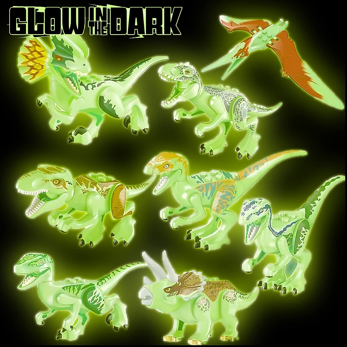 16 Pack: Compatible Dinosaurs Mini Figures for Jurassic World Building Blocks Toys, Glow in The Dark Toy Mini Figures, Bulk Party Favors for Kids Play