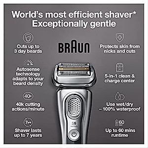 Braun Electric Razor for Men With Precision Beard Trimmer, Rechargeable, Wet & Dry Foil Shaver, Clean & Charge Station & Travel Case, Silver, 3 Piece Set