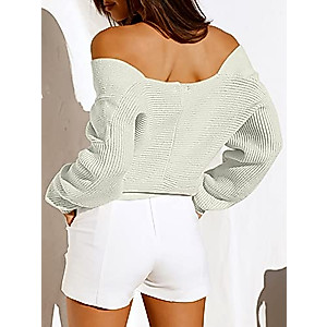 ANRABESS Women’s 2022 Fall Fashion Long Sleeve Off Shoulder Crissover V Neck Knit Cropped Sweater Top 641qianhui-S Gray