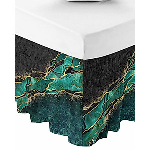 Abstract Black Marble Bed Skirt Queen Size 18 Inch Drop, Adjustable & Elastic Wrap Around Bed Skirts Pleated Luxury Dust Ruffles for Twin Full Queen Cal King Base Bed, Modern Minimalist Emerald Green